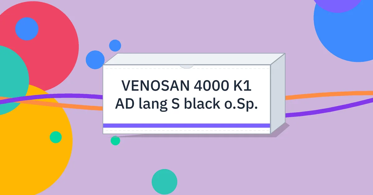 Symbolbild: Packung mit der Aufschrift VENOSAN 4000 K1 AD lang S black o.Sp. (PZN 14426263) – Verfügbarkeit und Bezug in Apotheken in Frankfurt am Main