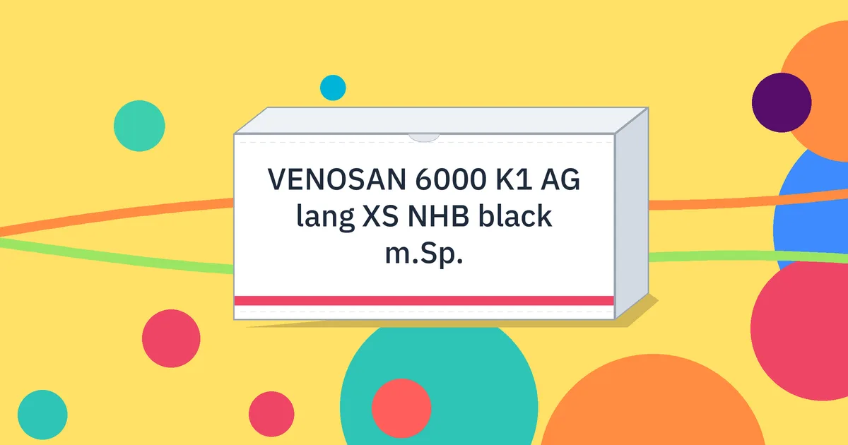 Symbolbild: Packung mit der Aufschrift VENOSAN 6000 K1 AG lang XS NHB black m.Sp. (PZN 17171763) – Verfügbarkeit und Bezug in Apotheken in Frankfurt am Main