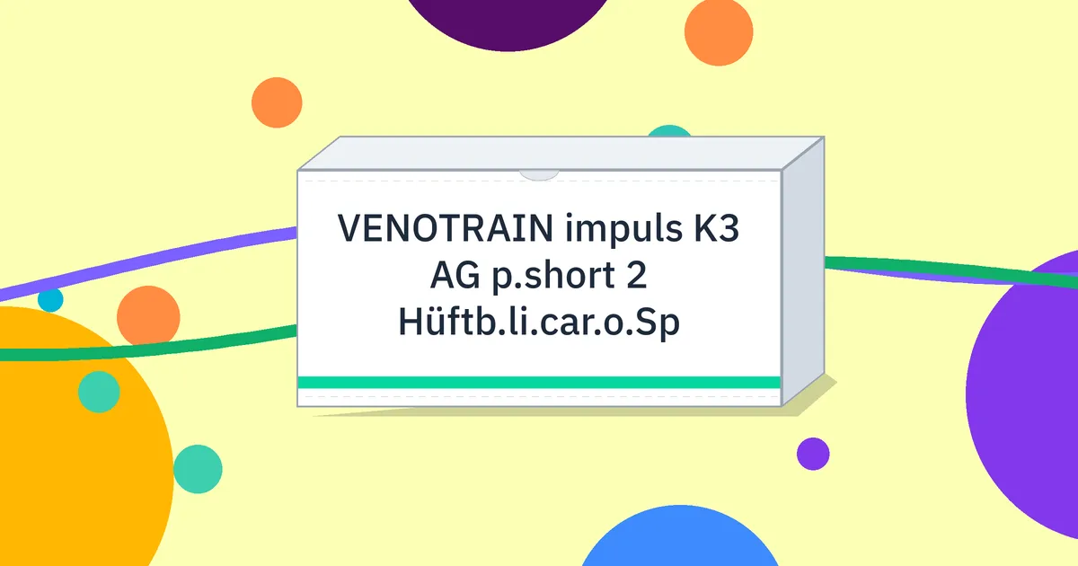 Symbolbild: Packung mit der Aufschrift VENOTRAIN impuls K3 AG p.short 2 Hüftb.li.car.o.Sp (PZN 08424834) – Verfügbarkeit und Bezug in Apotheken in Frankfurt am Main