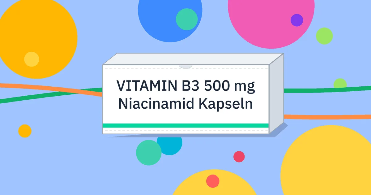 Symbolbild: Packung mit der Aufschrift VITAMIN B3 500 mg Niacinamid Kapseln (PZN 17965925) – Verfügbarkeit und Bezug in Apotheken in Frankfurt am Main