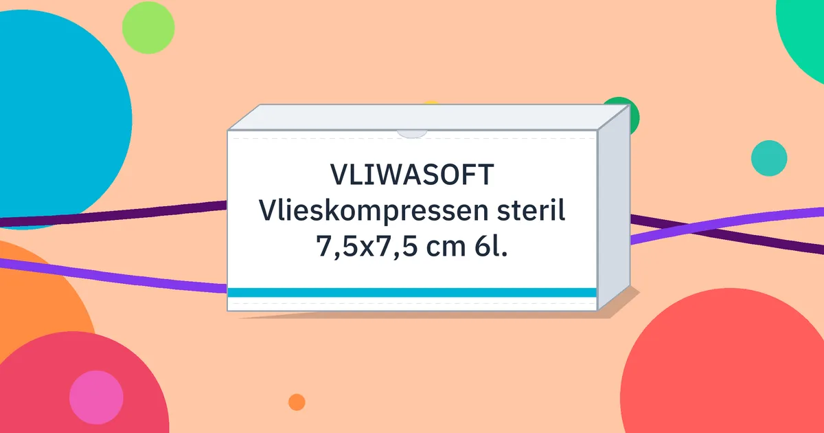 Symbolbild: Packung mit der Aufschrift VLIWASOFT Vlieskompressen steril 7,5x7,5 cm 6l. (PZN 19744677) – Verfügbarkeit und Bezug in Apotheken in Frankfurt am Main