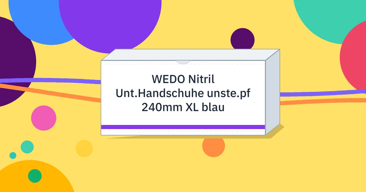 Symbolbild: Packung mit der Aufschrift WEDO Nitril Unt.Handschuhe unste.pf 240mm XL blau (PZN 18740105) – Verfügbarkeit und Bezug in Apotheken in Frankfurt am Main
