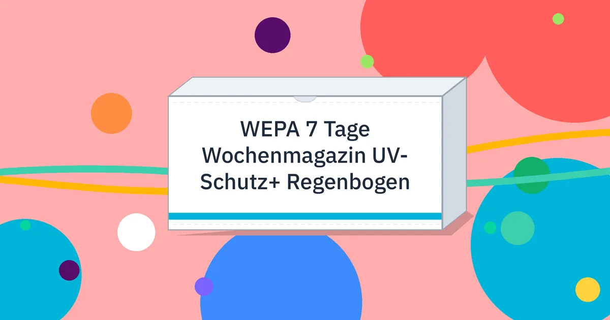 Symbolbild: Packung mit der Aufschrift WEPA 7 Tage Wochenmagazin UV-Schutz+ Regenbogen (PZN 18877956) – Verfügbarkeit und Bezug in Apotheken in Frankfurt am Main