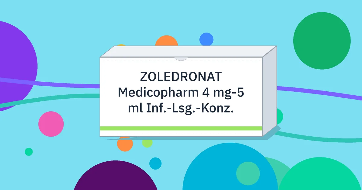 Symbolbild: Packung mit der Aufschrift ZOLEDRONAT Medicopharm 4 mg-5 ml Inf.-Lsg.-Konz. (PZN 10037671) – Verfügbarkeit und Bezug in Apotheken in Frankfurt am Main