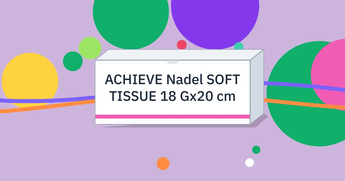 Symbolbild: Packung mit der Aufschrift ACHIEVE Nadel SOFT TISSUE 18 Gx20 cm (PZN 18763514) – Verfügbarkeit und Bezug in Apotheken in Frankfurt am Main