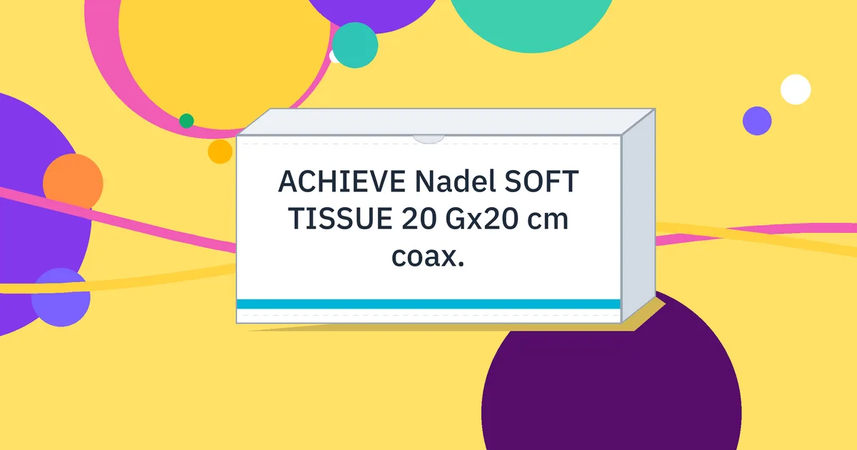 Symbolbild: Packung mit der Aufschrift ACHIEVE Nadel SOFT TISSUE 20 Gx20 cm coax. (PZN 18763750) – Verfügbarkeit und Bezug in Apotheken in Frankfurt am Main