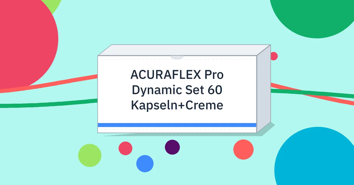 Symbolbild: Packung mit der Aufschrift ACURAFLEX Pro Dynamic Set 60 Kapseln+Creme (PZN 20601977) – Verfügbarkeit und Bezug in Apotheken in Frankfurt am Main