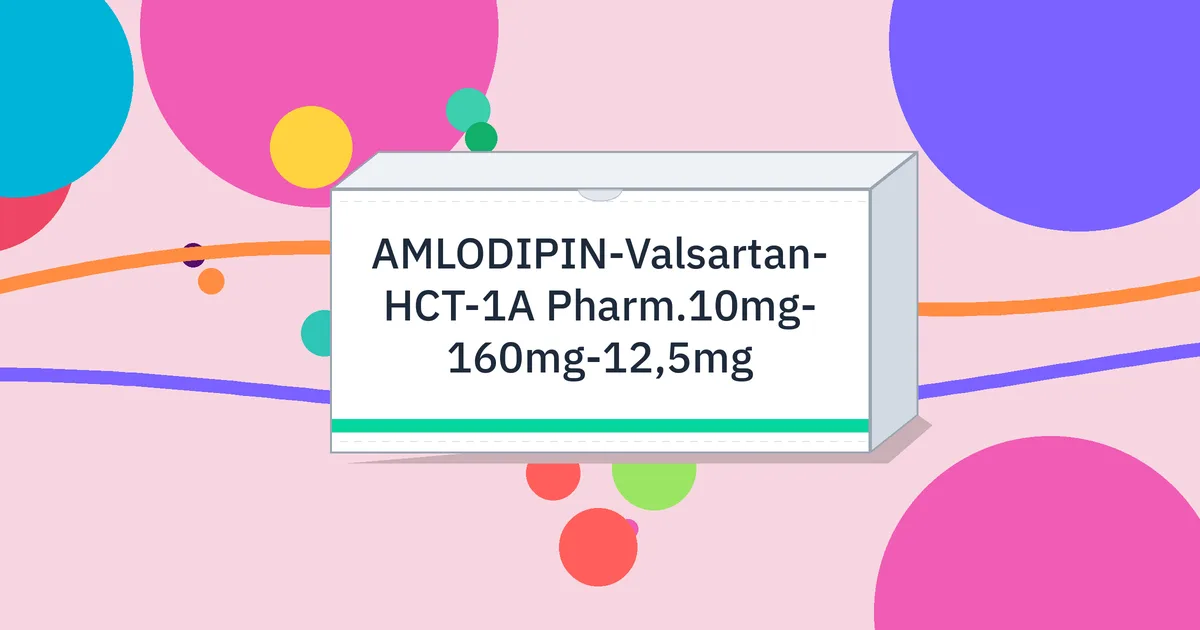 Symbolbild: Packung mit der Aufschrift AMLODIPIN-Valsartan-HCT-1A Pharm.10mg-160mg-12,5mg (PZN 16003242) – Verfügbarkeit und Bezug in Apotheken in Frankfurt am Main