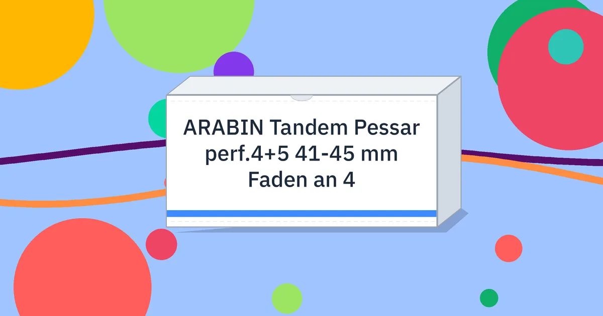 Symbolbild: Packung mit der Aufschrift ARABIN Tandem Pessar perf.4+5 41-45 mm Faden an 4 (PZN 16927992) – Verfügbarkeit und Bezug in Apotheken in Frankfurt am Main