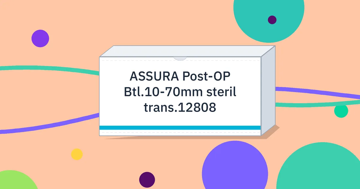 Symbolbild: Packung mit der Aufschrift ASSURA Post-OP Btl.10-70mm steril trans.12808 (PZN 06617115) – Verfügbarkeit und Bezug in Apotheken in Frankfurt am Main