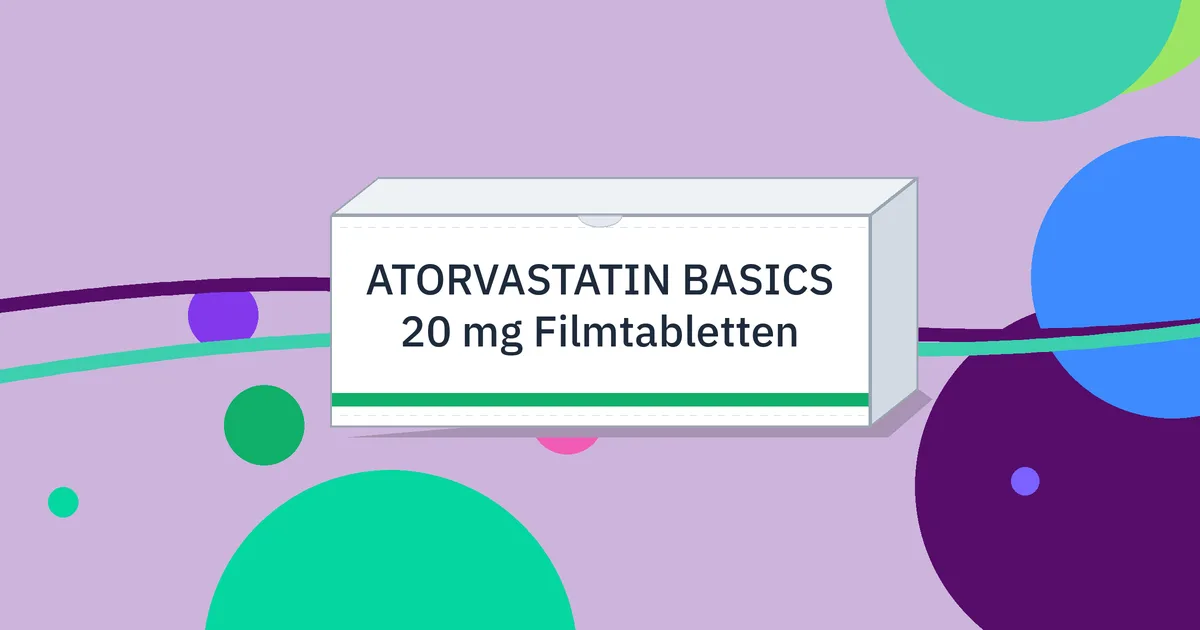 Symbolbild: Packung mit der Aufschrift ATORVASTATIN BASICS 20 mg Filmtabletten (PZN 00524269) – Verfügbarkeit und Bezug in Apotheken in Frankfurt am Main