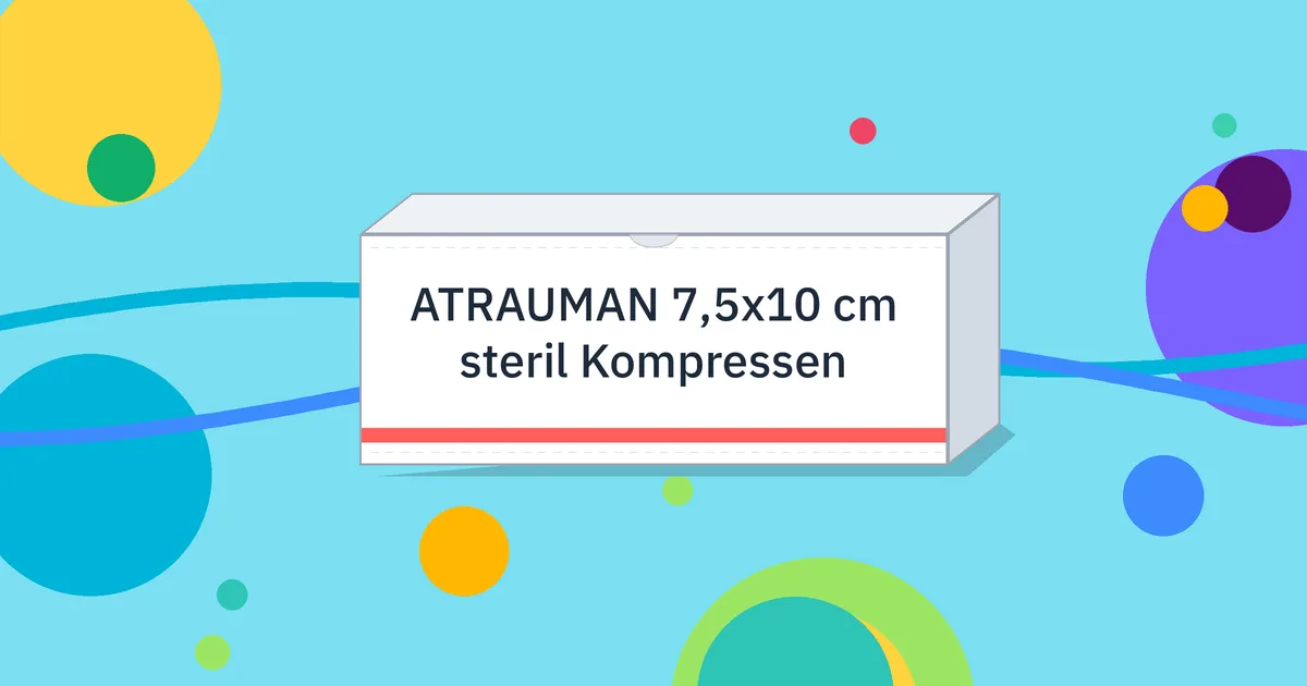 Symbolbild: Packung mit der Aufschrift ATRAUMAN 7,5x10 cm steril Kompressen (PZN 20610611) – Verfügbarkeit und Bezug in Apotheken in Frankfurt am Main