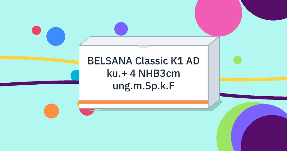 Symbolbild: Packung mit der Aufschrift BELSANA Classic K1 AD ku.+ 4 NHB3cm ung.m.Sp.k.F (PZN 19256357) – Verfügbarkeit und Bezug in Apotheken in Frankfurt am Main