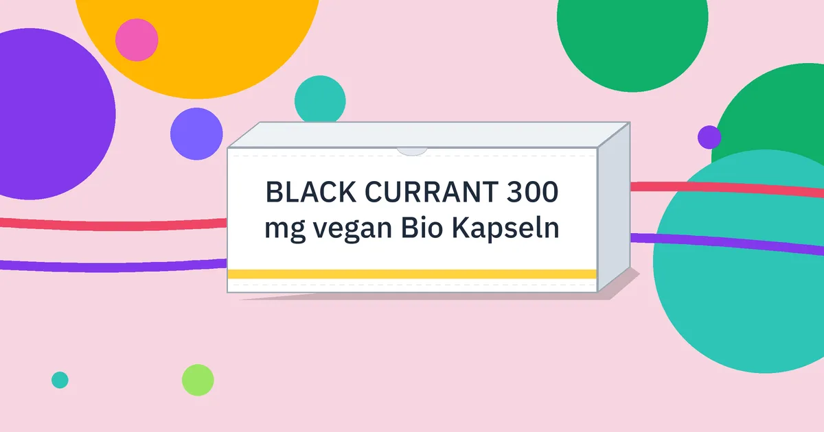 Symbolbild: Packung mit der Aufschrift BLACK CURRANT 300 mg vegan Bio Kapseln (PZN 18745427) – Verfügbarkeit und Bezug in Apotheken in Frankfurt am Main