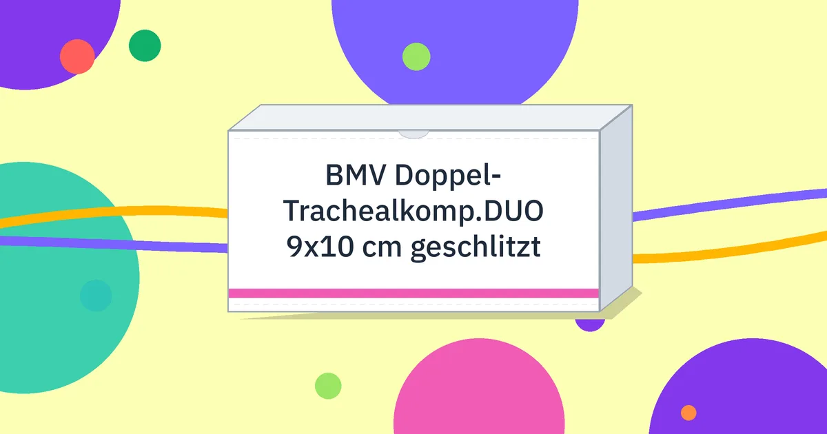 Symbolbild: Packung mit der Aufschrift BMV Doppel-Trachealkomp.DUO 9x10 cm geschlitzt (PZN 17554783) – Verfügbarkeit und Bezug in Apotheken in Frankfurt am Main