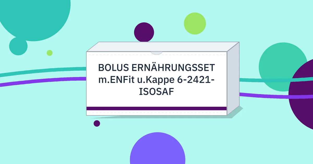 Symbolbild: Packung mit der Aufschrift BOLUS ERNÄHRUNGSSET m.ENFit u.Kappe 6-2421-ISOSAF (PZN 14345317) – Verfügbarkeit und Bezug in Apotheken in Frankfurt am Main