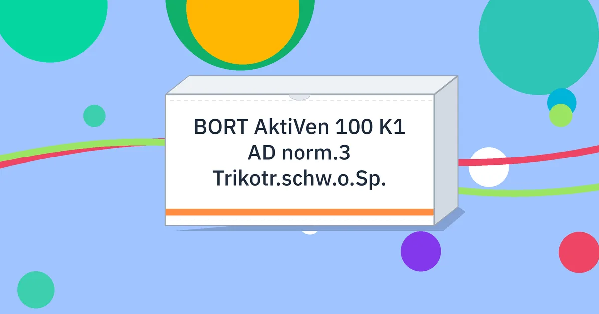 Symbolbild: Packung mit der Aufschrift BORT AktiVen 100 K1 AD norm.3 Trikotr.schw.o.Sp. (PZN 14386888) – Verfügbarkeit und Bezug in Apotheken in Frankfurt am Main