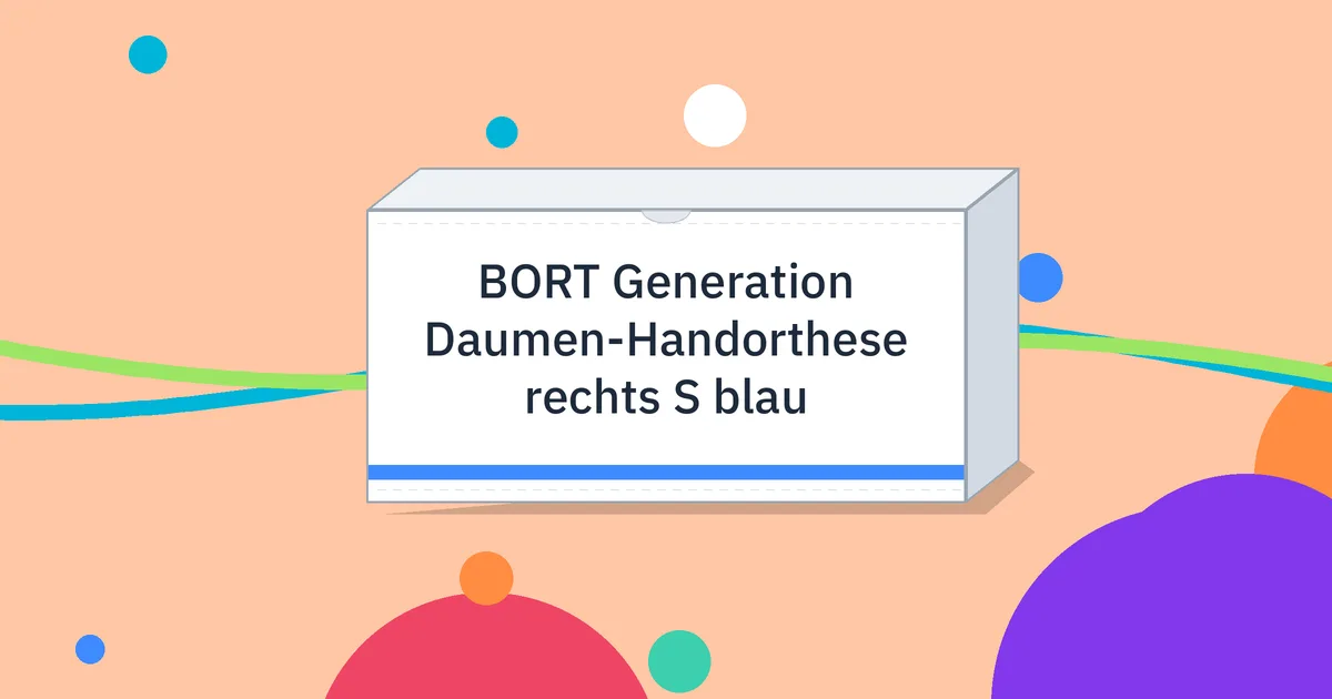 Symbolbild: Packung mit der Aufschrift BORT Generation Daumen-Handorthese rechts S blau (PZN 13911631) – Verfügbarkeit und Bezug in Apotheken in Frankfurt am Main