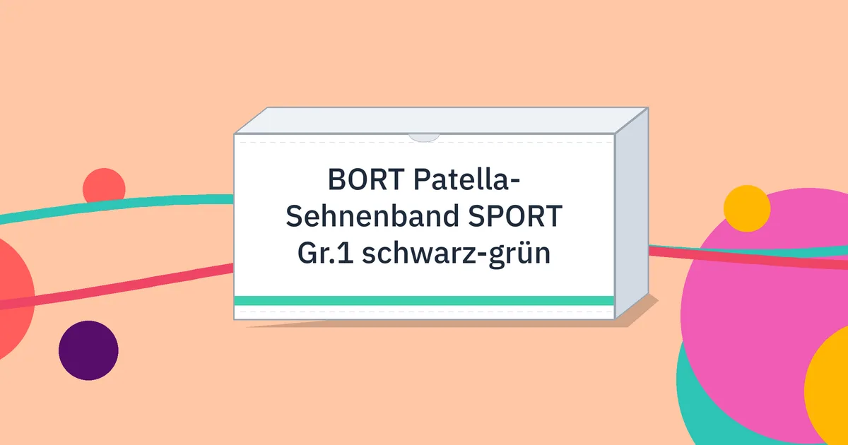 Symbolbild: Packung mit der Aufschrift BORT Patella-Sehnenband SPORT Gr.1 schwarz-grün (PZN 10994987) – Verfügbarkeit und Bezug in Apotheken in Frankfurt am Main