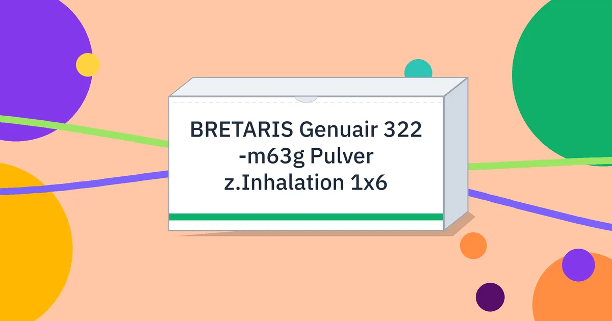 Symbolbild: Packung mit der Aufschrift BRETARIS Genuair 322 -m63g Pulver z.Inhalation 1x6 (PZN 10167362) – Verfügbarkeit und Bezug in Apotheken in Frankfurt am Main