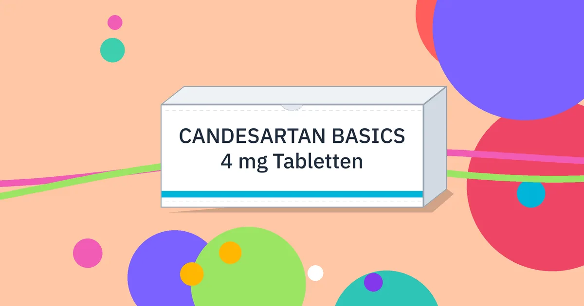 Symbolbild: Packung mit der Aufschrift CANDESARTAN BASICS 4 mg Tabletten (PZN 09482762) – Verfügbarkeit und Bezug in Apotheken in Frankfurt am Main