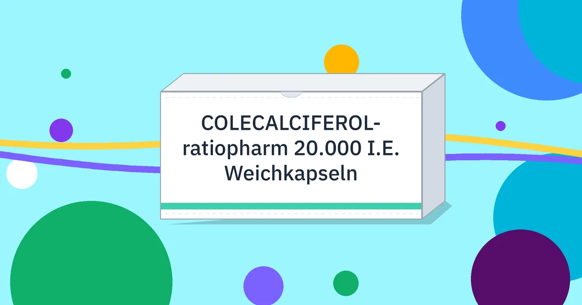 Symbolbild: Packung mit der Aufschrift COLECALCIFEROL-ratiopharm 20.000 I.E. Weichkapseln (PZN 18602691) – Verfügbarkeit und Bezug in Apotheken in Frankfurt am Main