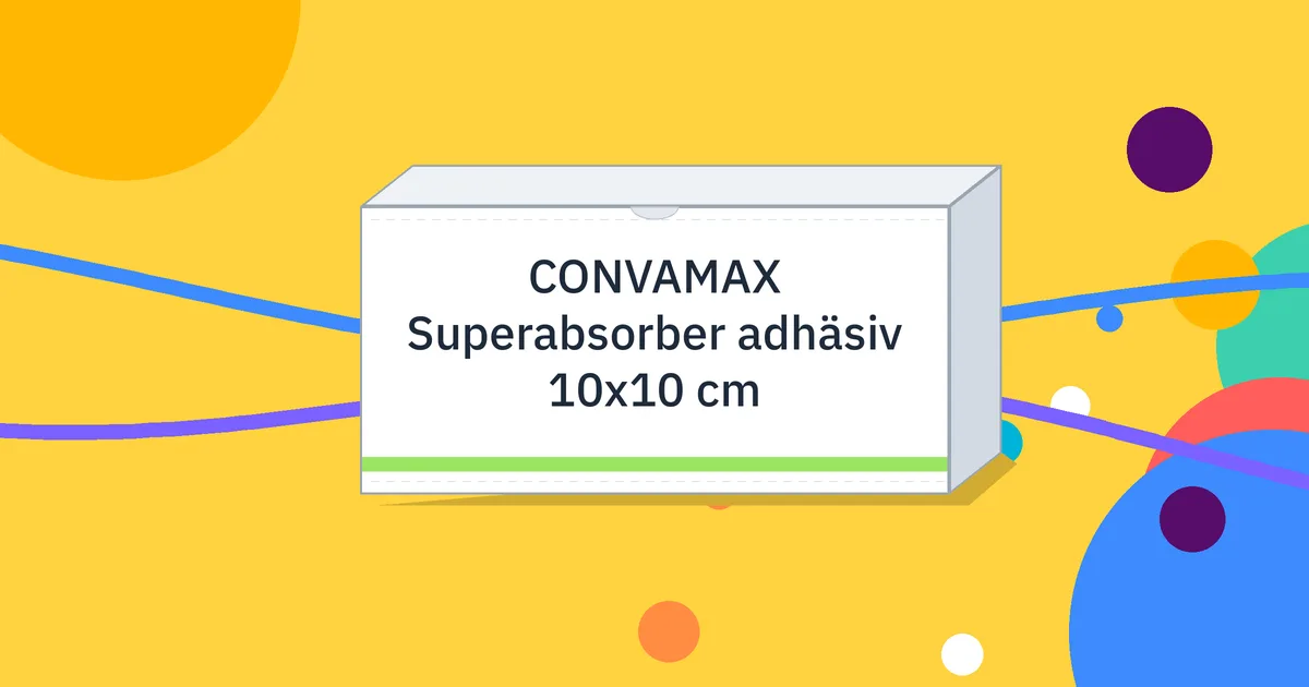 Symbolbild: Packung mit der Aufschrift CONVAMAX Superabsorber adhäsiv 10x10 cm (PZN 18834651) – Verfügbarkeit und Bezug in Apotheken in Frankfurt am Main