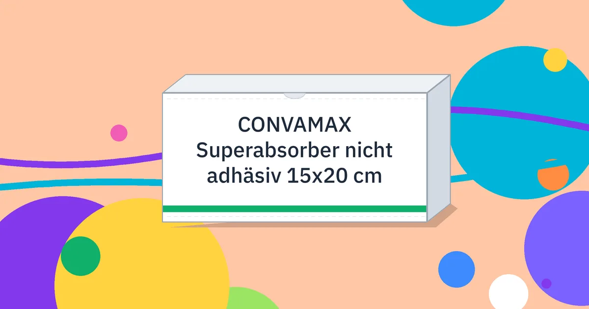 Symbolbild: Packung mit der Aufschrift CONVAMAX Superabsorber nicht adhäsiv 15x20 cm (PZN 18037618) – Verfügbarkeit und Bezug in Apotheken in Frankfurt am Main