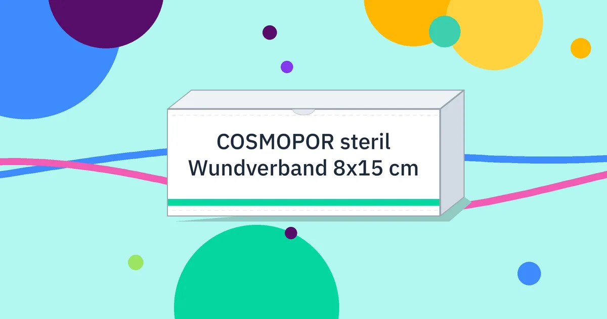 Symbolbild: Packung mit der Aufschrift COSMOPOR steril Wundverband 8x15 cm (PZN 20726029) – Verfügbarkeit und Bezug in Apotheken in Frankfurt am Main