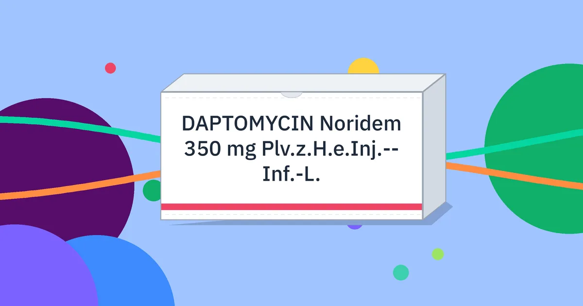 Symbolbild: Packung mit der Aufschrift DAPTOMYCIN Noridem 350 mg Plv.z.H.e.Inj.--Inf.-L. (PZN 16896056) – Verfügbarkeit und Bezug in Apotheken in Frankfurt am Main