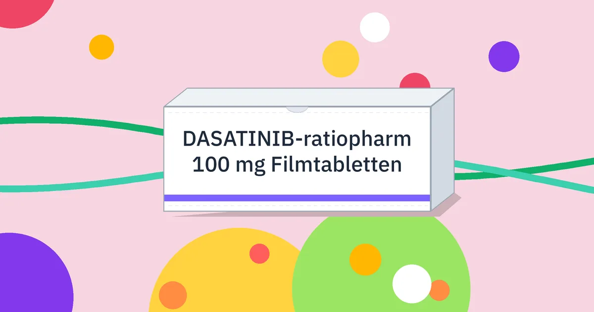 Symbolbild: Packung mit der Aufschrift DASATINIB-ratiopharm 100 mg Filmtabletten (PZN 16315131) – Verfügbarkeit und Bezug in Apotheken in Frankfurt am Main