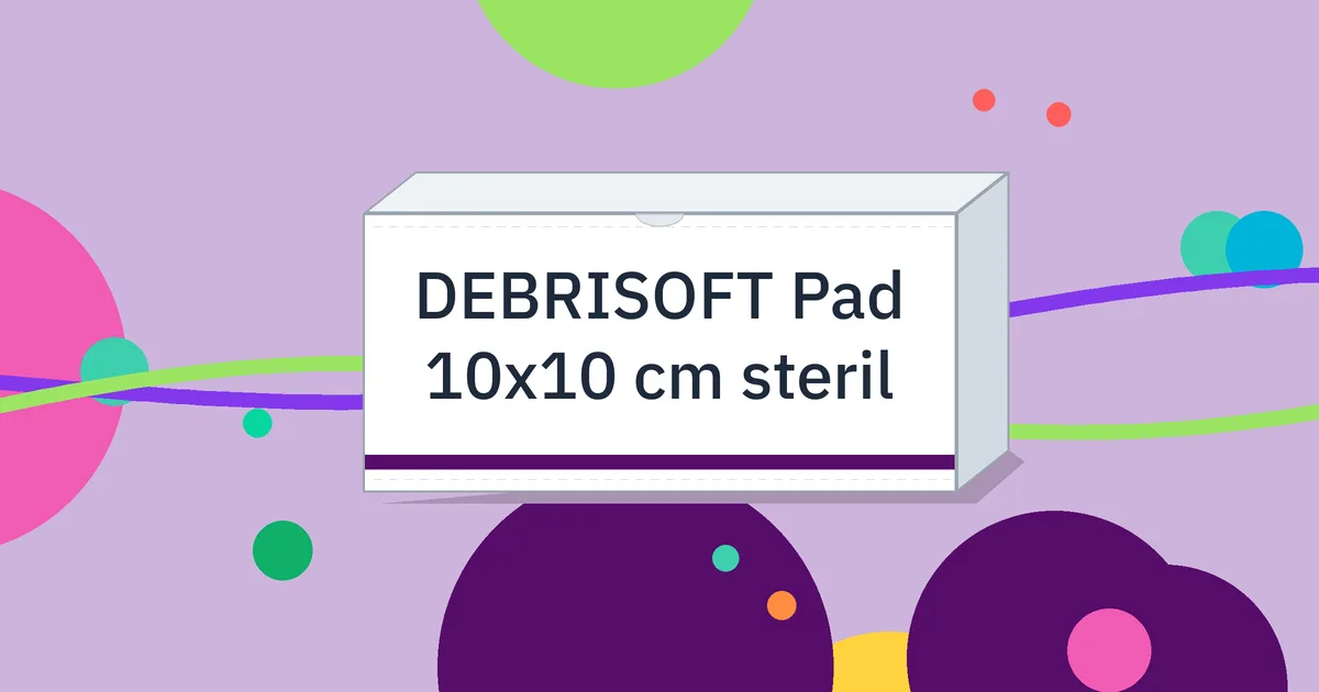 Symbolbild: Packung mit der Aufschrift DEBRISOFT Pad 10x10 cm steril (PZN 19503873) – Verfügbarkeit und Bezug in Apotheken in Frankfurt am Main