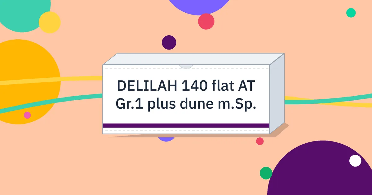 Symbolbild: Packung mit der Aufschrift DELILAH 140 flat AT Gr.1 plus dune m.Sp. (PZN 14247891) – Verfügbarkeit und Bezug in Apotheken in Frankfurt am Main