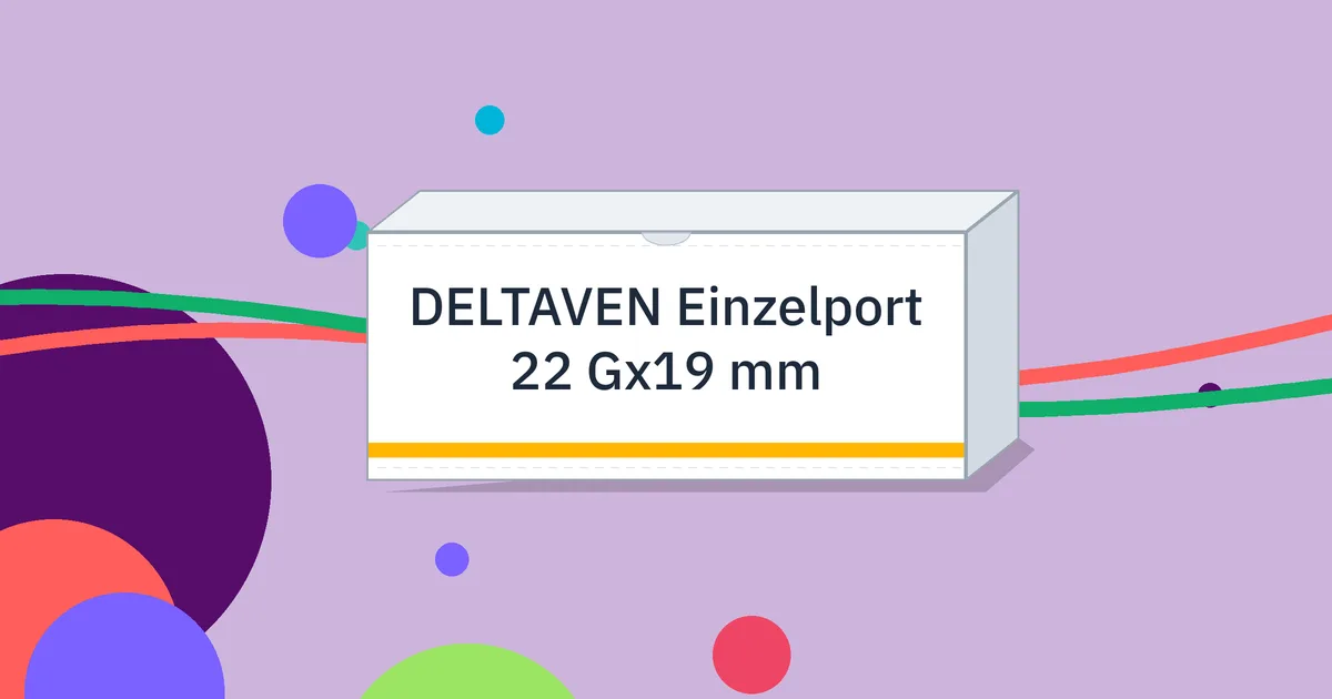 Symbolbild: Packung mit der Aufschrift DELTAVEN Einzelport 22 Gx19 mm (PZN 20365169) – Verfügbarkeit und Bezug in Apotheken in Frankfurt am Main