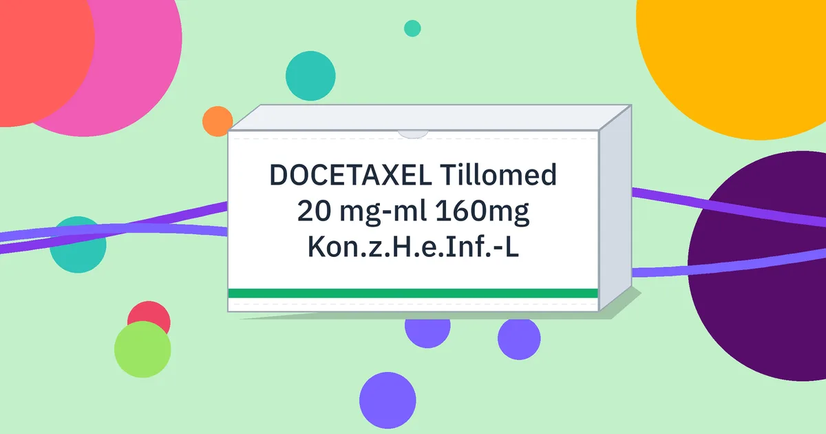 Symbolbild: Packung mit der Aufschrift DOCETAXEL Tillomed 20 mg-ml 160mg Kon.z.H.e.Inf.-L (PZN 13595868) – Verfügbarkeit und Bezug in Apotheken in Frankfurt am Main