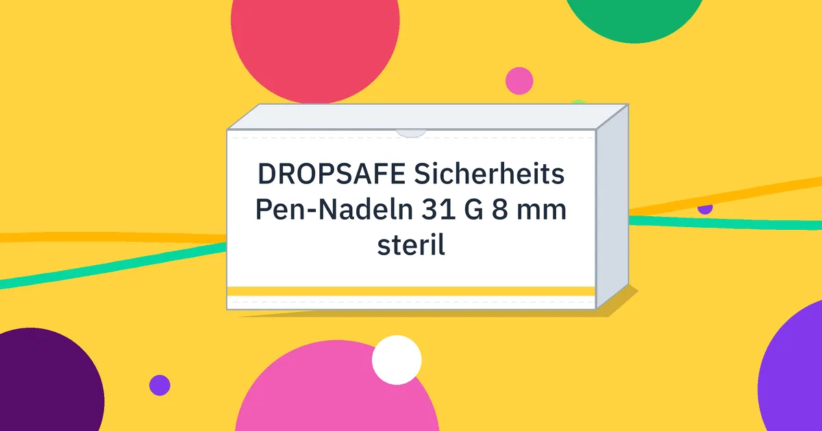 Symbolbild: Packung mit der Aufschrift DROPSAFE Sicherheits Pen-Nadeln 31 G 8 mm steril (PZN 20919550) – Verfügbarkeit und Bezug in Apotheken in Frankfurt am Main