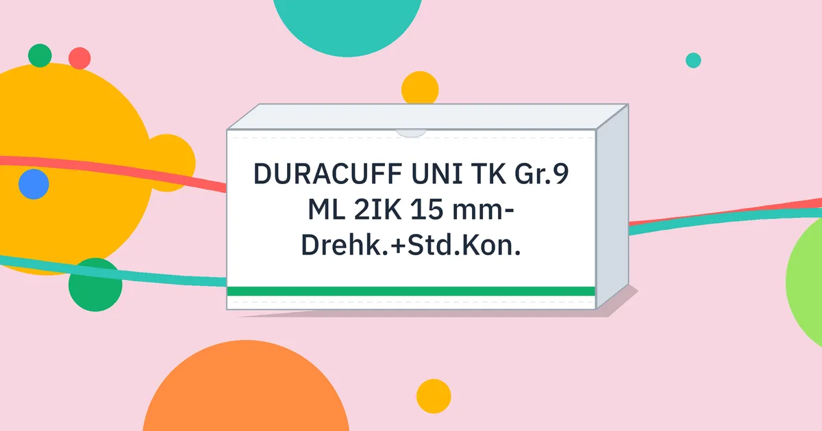 Symbolbild: Packung mit der Aufschrift DURACUFF UNI TK Gr.9 ML 2IK 15 mm-Drehk.+Std.Kon. (PZN 04961038) – Verfügbarkeit und Bezug in Apotheken in Frankfurt am Main