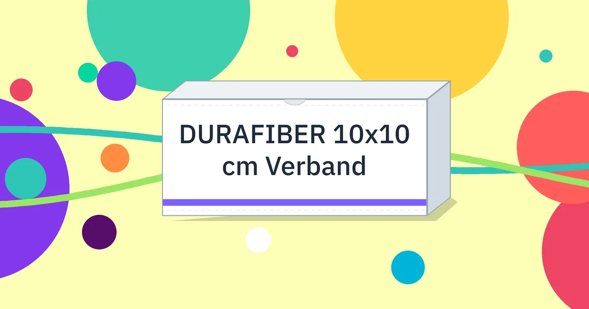 Symbolbild: Packung mit der Aufschrift DURAFIBER 10x10 cm Verband (PZN 19295943) – Verfügbarkeit und Bezug in Apotheken in Frankfurt am Main