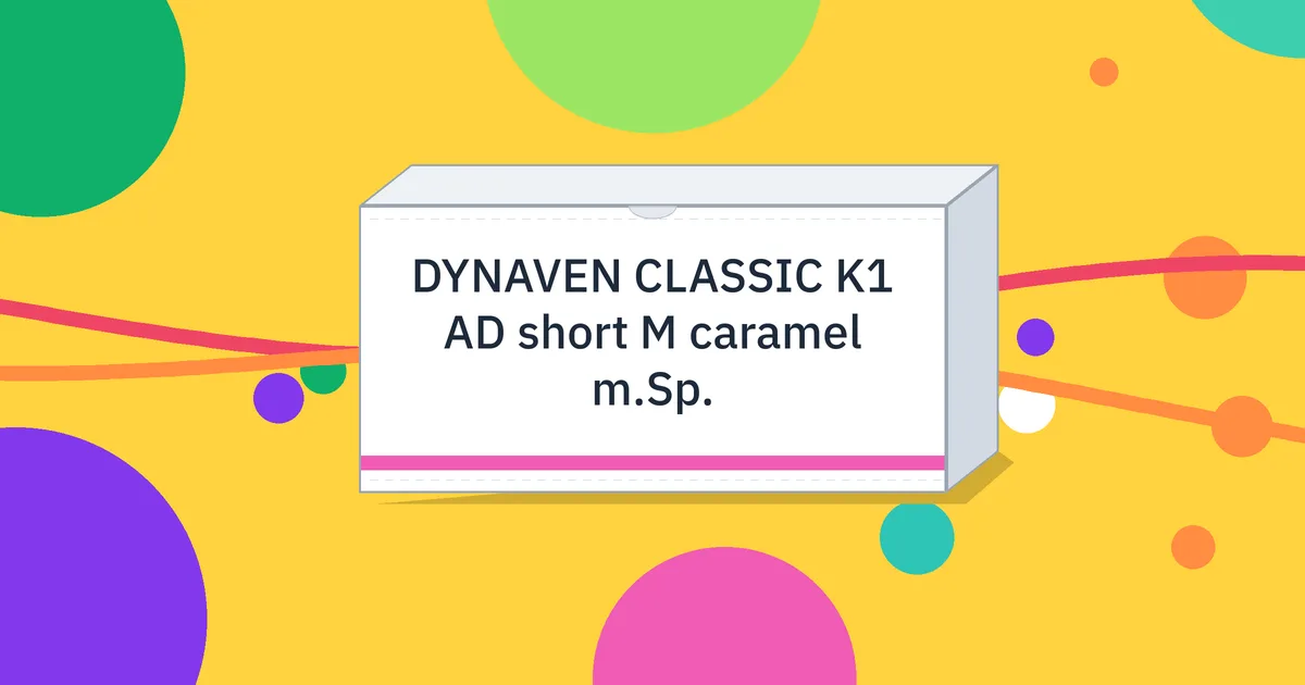 Symbolbild: Packung mit der Aufschrift DYNAVEN CLASSIC K1 AD short M caramel m.Sp. (PZN 18414877) – Verfügbarkeit und Bezug in Apotheken in Frankfurt am Main