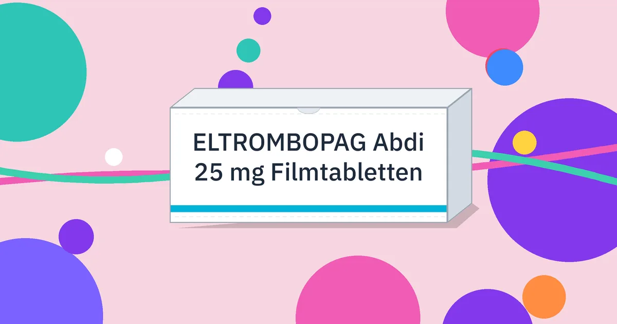 Symbolbild: Packung mit der Aufschrift ELTROMBOPAG Abdi 25 mg Filmtabletten (PZN 19916629) – Verfügbarkeit und Bezug in Apotheken in Frankfurt am Main