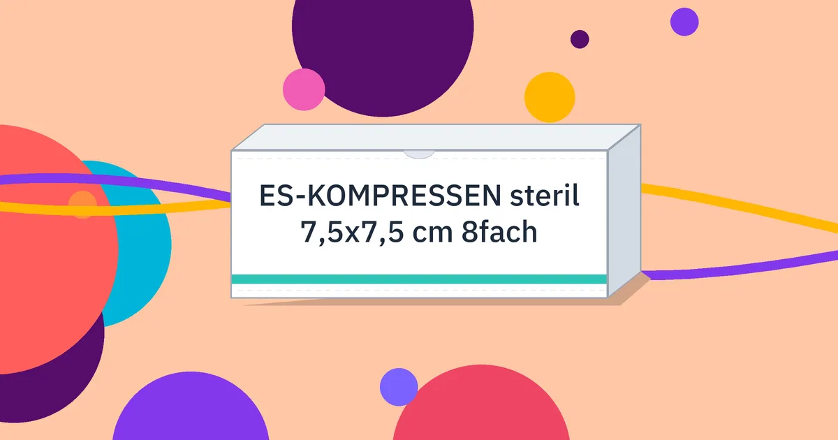 Symbolbild: Packung mit der Aufschrift ES-KOMPRESSEN steril 7,5x7,5 cm 8fach (PZN 18427727) – Verfügbarkeit und Bezug in Apotheken in Frankfurt am Main