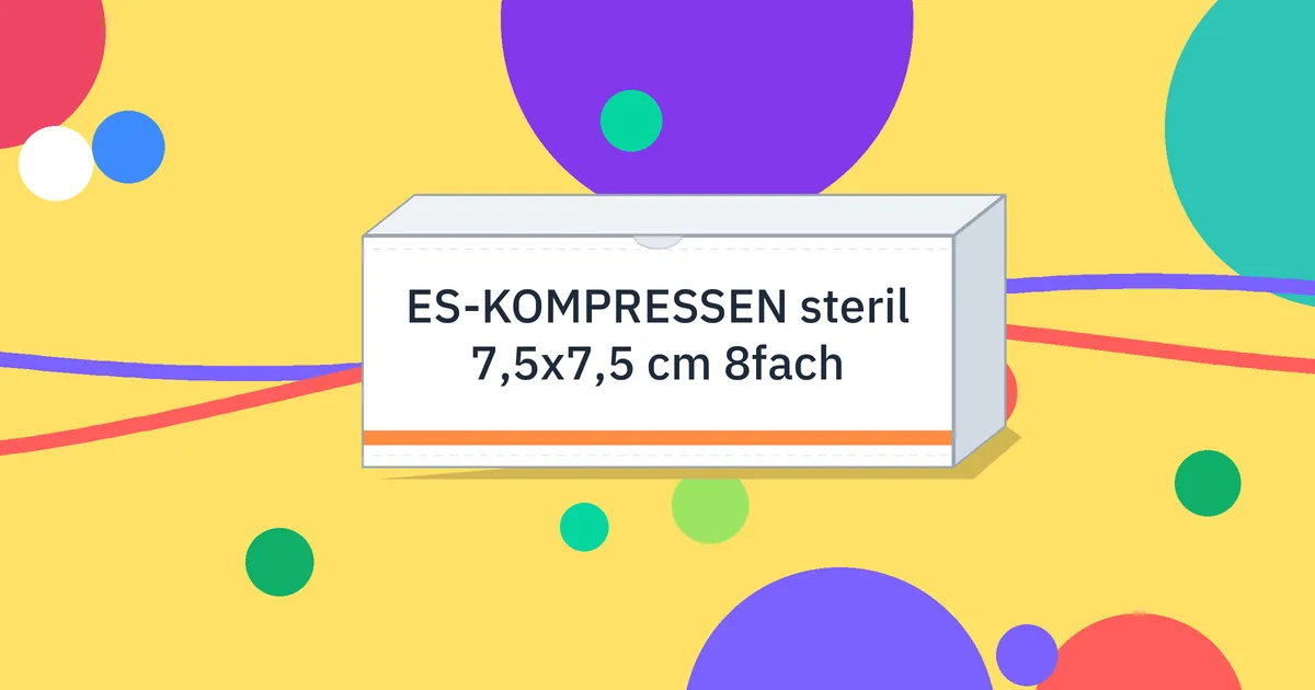 Symbolbild: Packung mit der Aufschrift ES-KOMPRESSEN steril 7,5x7,5 cm 8fach (PZN 19345983) – Verfügbarkeit und Bezug in Apotheken in Frankfurt am Main