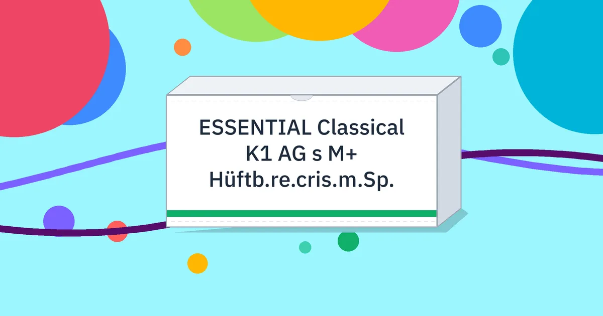 Symbolbild: Packung mit der Aufschrift ESSENTIAL Classical K1 AG s M+ Hüftb.re.cris.m.Sp. (PZN 17012473) – Verfügbarkeit und Bezug in Apotheken in Frankfurt am Main