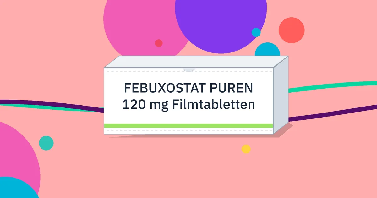 Symbolbild: Packung mit der Aufschrift FEBUXOSTAT PUREN 120 mg Filmtabletten (PZN 14304643) – Verfügbarkeit und Bezug in Apotheken in Frankfurt am Main