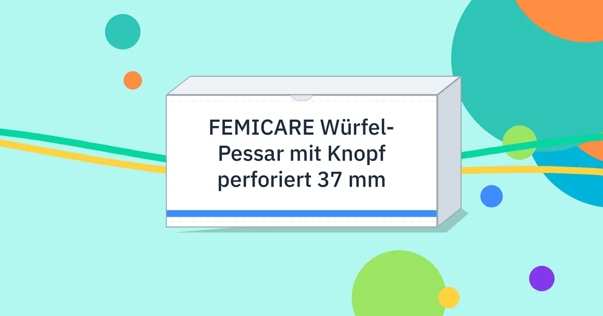 Symbolbild: Packung mit der Aufschrift FEMICARE Würfel-Pessar mit Knopf perforiert 37 mm (PZN 19335921) – Verfügbarkeit und Bezug in Apotheken in Frankfurt am Main