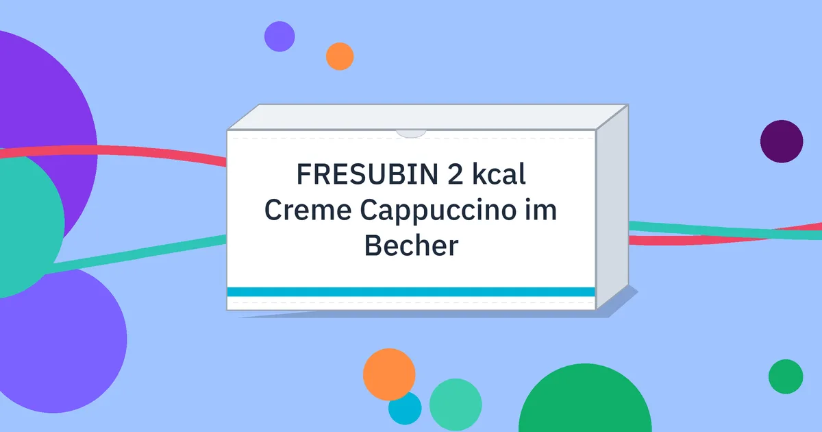 Symbolbild: Packung mit der Aufschrift FRESUBIN 2 kcal Creme Cappuccino im Becher (PZN 19553693) – Verfügbarkeit und Bezug in Apotheken in Frankfurt am Main