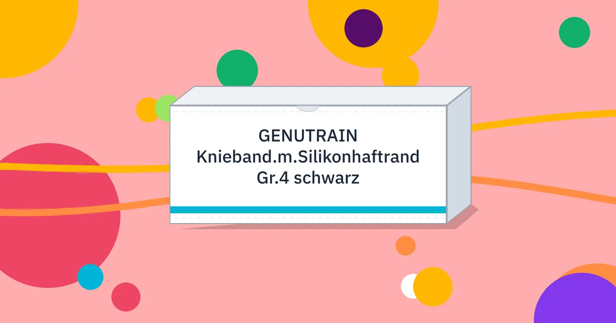 Symbolbild: Packung mit der Aufschrift GENUTRAIN Knieband.m.Silikonhaftrand Gr.4 schwarz (PZN 10213085) – Verfügbarkeit und Bezug in Apotheken in Frankfurt am Main