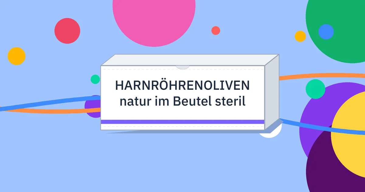 Symbolbild: Packung mit der Aufschrift HARNRÖHRENOLIVEN natur im Beutel steril (PZN 20864441) – Verfügbarkeit und Bezug in Apotheken in Frankfurt am Main