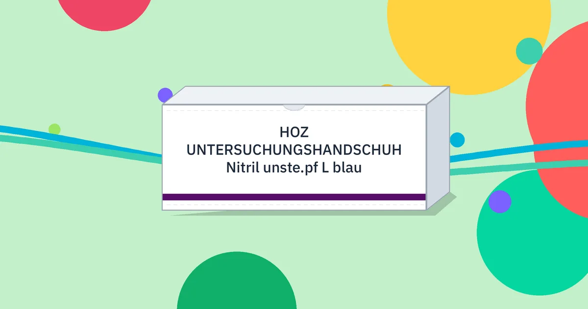Symbolbild: Packung mit der Aufschrift HOZ UNTERSUCHUNGSHANDSCHUH Nitril unste.pf L blau (PZN 16678299) – Verfügbarkeit und Bezug in Apotheken in Frankfurt am Main