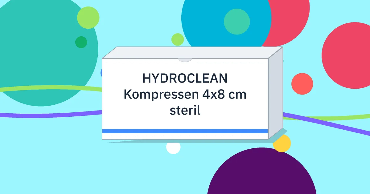 Symbolbild: Packung mit der Aufschrift HYDROCLEAN Kompressen 4x8 cm steril (PZN 18052552) – Verfügbarkeit und Bezug in Apotheken in Frankfurt am Main